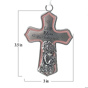 Ornate Crib Cross Decor with Ribbon Baby Girl for Baptism, Christening, Baby Shower "God Bless Our Baby Girl"