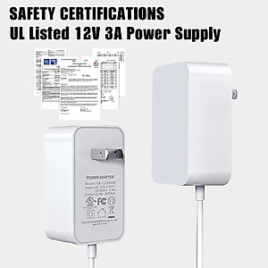12v 3A Power Supply AC Adapter, GXILEE UL Listed 12 Volt 3 Amp Power Supply for DC 12v LED Light, Security Camera, Come with 5.5mm x 2.1mm Connector Plug Adapter(5Ft White AC Adapters, 36 Watt Max)