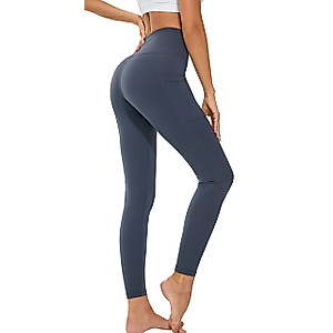 Neonysweets High Waist Yoga Leggings with Pockets Workout Athletic Running Pants Leggings Steel Gray L