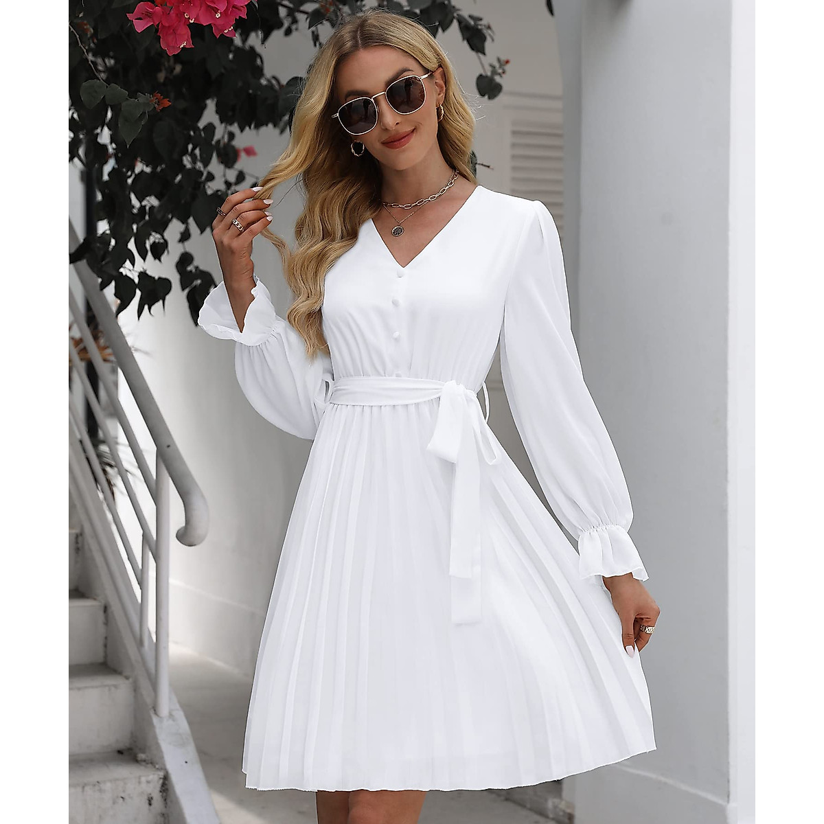 Kenaque Womens Long Sleeve V Neck Dresses for Wedding Guest Ruffle Lantern Sleeve Pleated Mini Dress with Belt Off-White