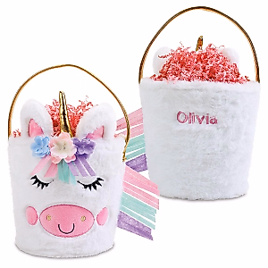 Lillian Vernon Personalized Plush Unicorn Bunny Easter Basket Tote - 13" H, Reusable Stuffed Animal Baskets With Custom Name, Pink Girl Egg Hunt