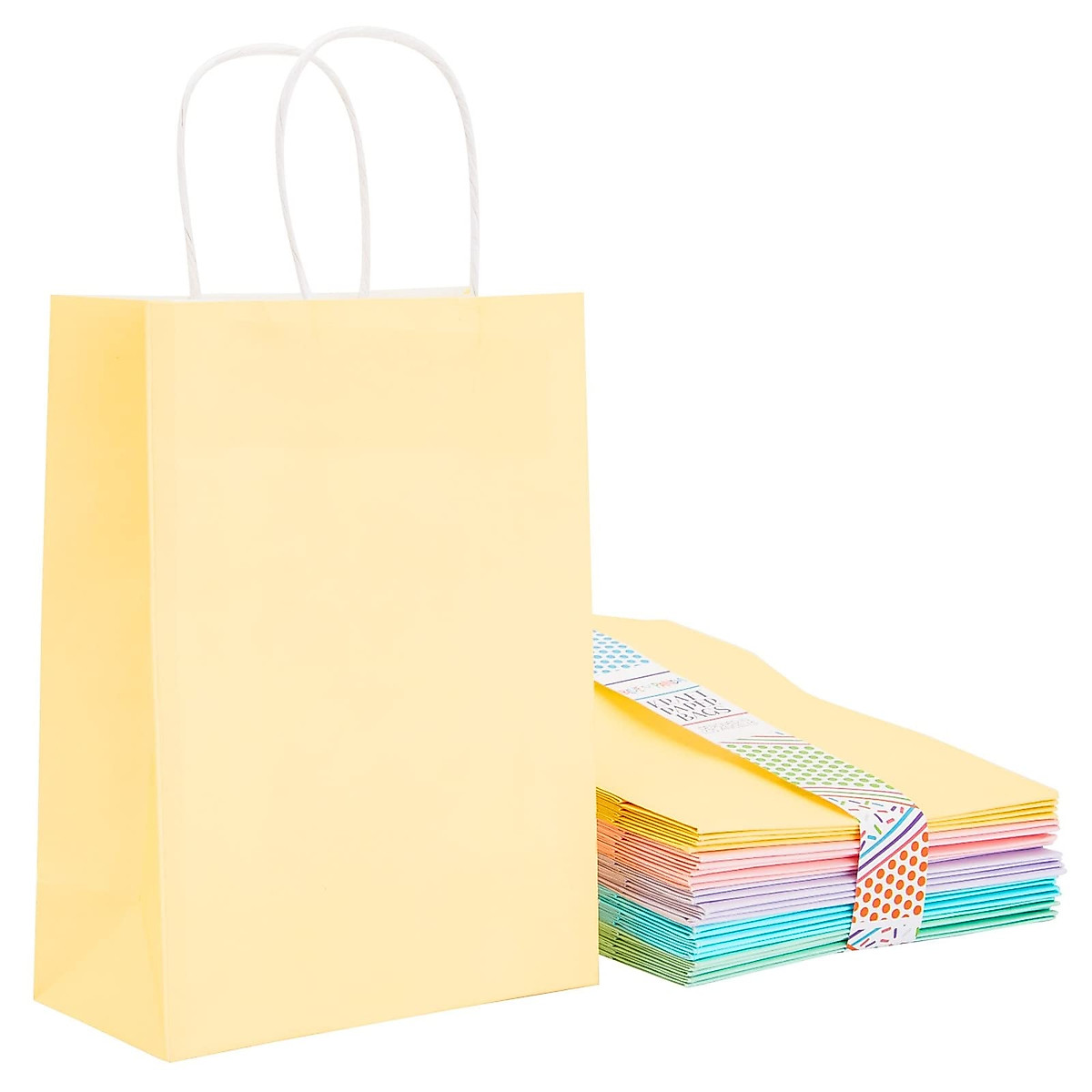 Juvale Pastel Paper Gift Bags with Handles for Goodies, Baby Shower, Party Favors (25 Pack, 5 Colors, 8.5 x 6.2 x 3.1 in)