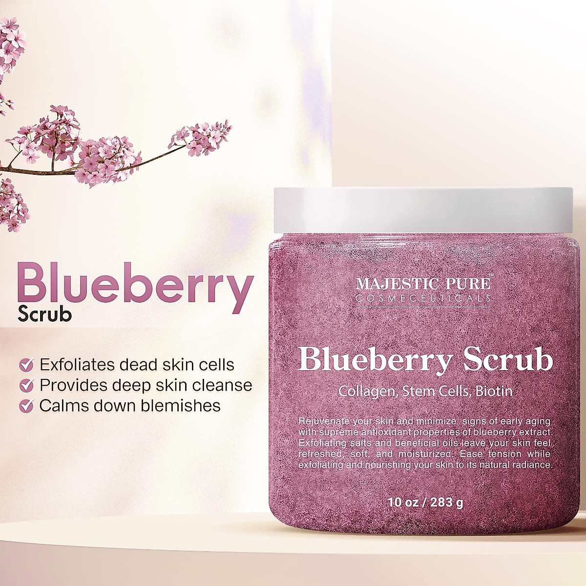 MAJESTIC PURE Blueberry Body Scrub, with Collagen, Stem Cell & Biotin - Exfoliating Body Scrub to Exfoliate, Smooth & Moisturize Skin - Deep Cleansing & Hydrating, Skin Care for Men and Women - 10 oz
