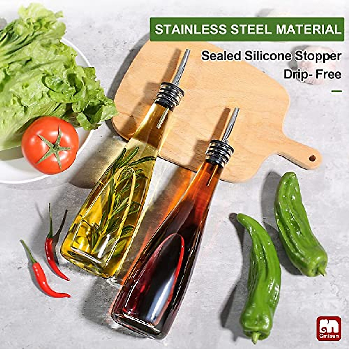 GMISUN Oil and Vinegar Dispenser Set, Olive Oil Dispenser Bottle for Kitchen, Cooking Oil Container Cruet Set, Clear Glass Bottles Vegetable Oil Dispenser with Label, Decorative (2 Pack, 17oz)