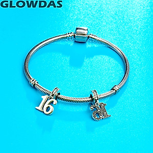 16 Birthday Dangle Charms fits Pandora Anniversary Bracelet, 925 Sterling Silver 16th Celebration Pendant Beads with CZ, Sweet Number 16 Years Gifts for Sister/Daughter/Son