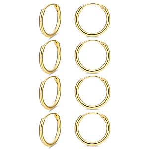Hoop Earring 14K Gold Plated S925 Sterling Silver Endless Hoop Earring Set for Women Men 8mm-12mm (4 pairs 14K gold 8MM)