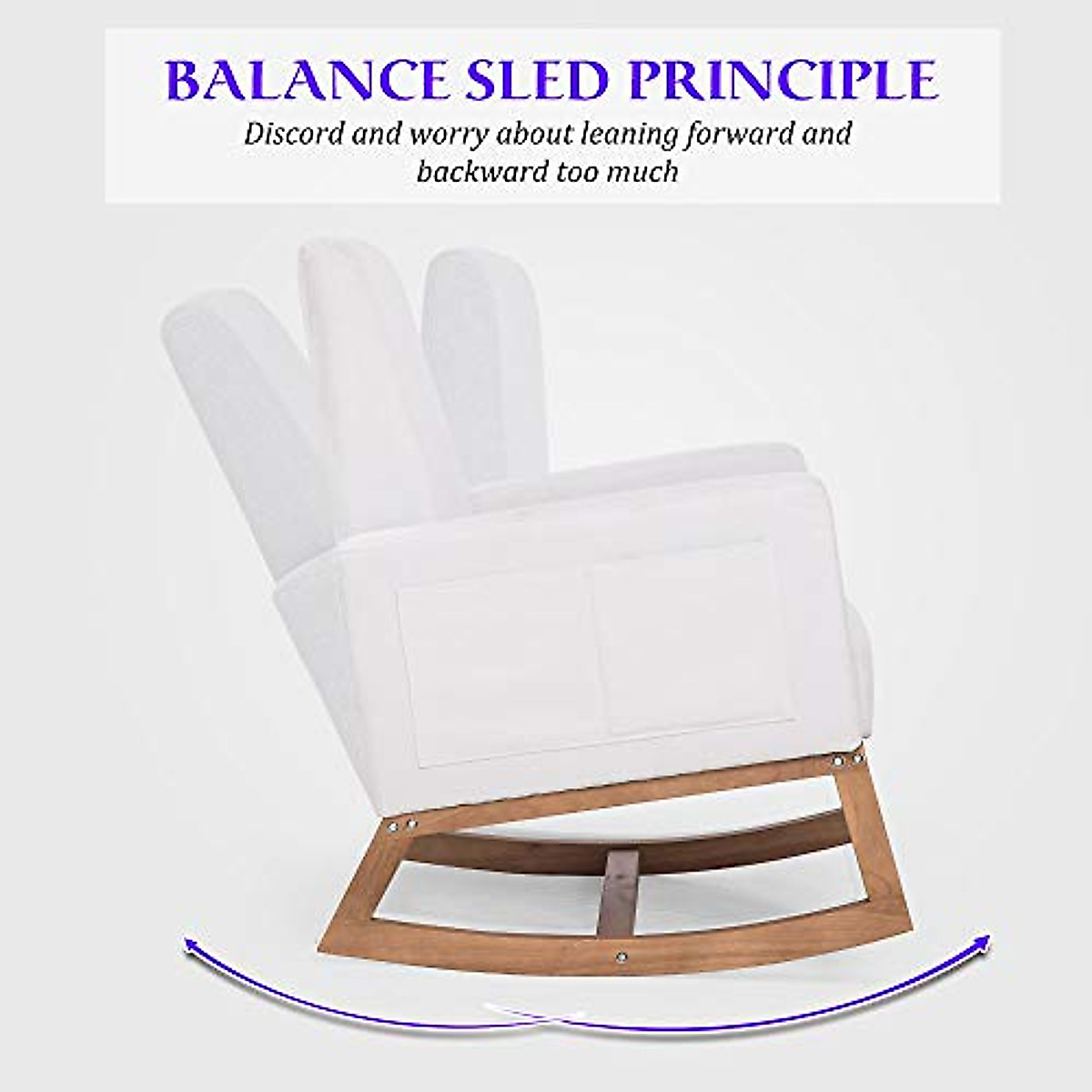 Paddie Rocking Chair Nursery, Fabric Rocking Armchair with Solid Wood Base/Side Pocket, Linen Fabric Upholstered Accent Chairs for Living Room (White)