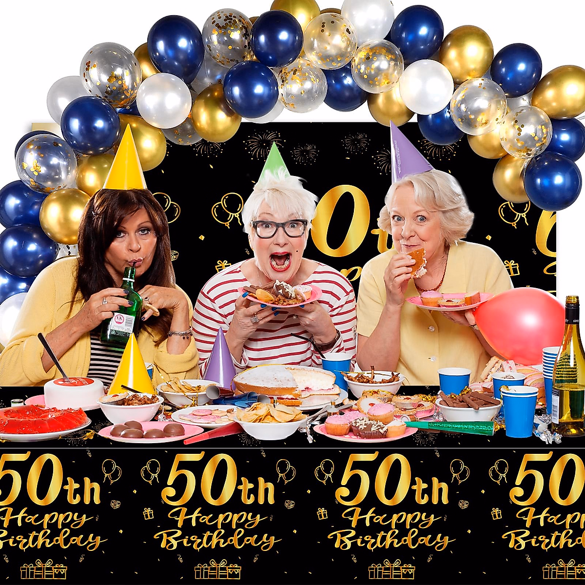 PHOGARY 50th Birthday Party Decorations Tablecloth, 3 Pack Happy Birthday Table Cover for Women Men, Bday Anniversary Theme Party Supplies Black and Gold Rectangular Tablecloths 54 × 108 in