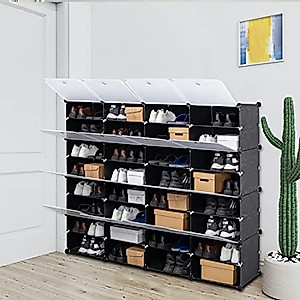ADUZA Portable Shoe Rack Organizer, 4 Columns 8-Tier 64 Pairs Shoe Storage Organizer with Doors, Tower Plastic Shoe Shelf Storage Cabinet Stand Expandable for Heels, Boots, Slippers Black