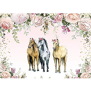 Pink Flower Countryside West Cowboy Cowgirl Horse Party Photo Backdrops 5x3ft Children Boy or Princess Girl Birthday Photography Background Baby Shower Party Supplies Banner Cake Table Decor Vinyl