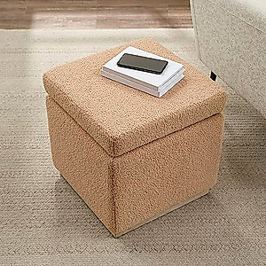 Linon Tan Lexington Sherpa Upholstered Square Storage Ottoman with Pine Wood Accent