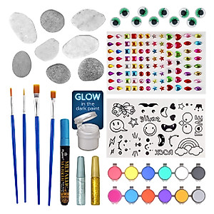 Brainy Shark Rock Painting Kit for Kids - Children's Arts and Crafts Set - 8 Rocks, 12 Paints, 4 Brushes, Googly Eyes, Metallic Paint Pen, Glitter Glue, Tattoo & Gem Stickers - Gift for Boys & Girls