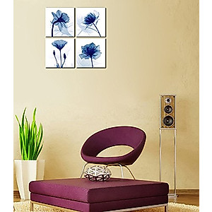 Pyradecor Blue Flickering Flower Modern Abstract Paintings Canvas Wall Art Gallery Wrapped Grace Floral Pictures on Canvas Prints 4 Panels Artwork for Living Room Bedroom Office Home Decorations