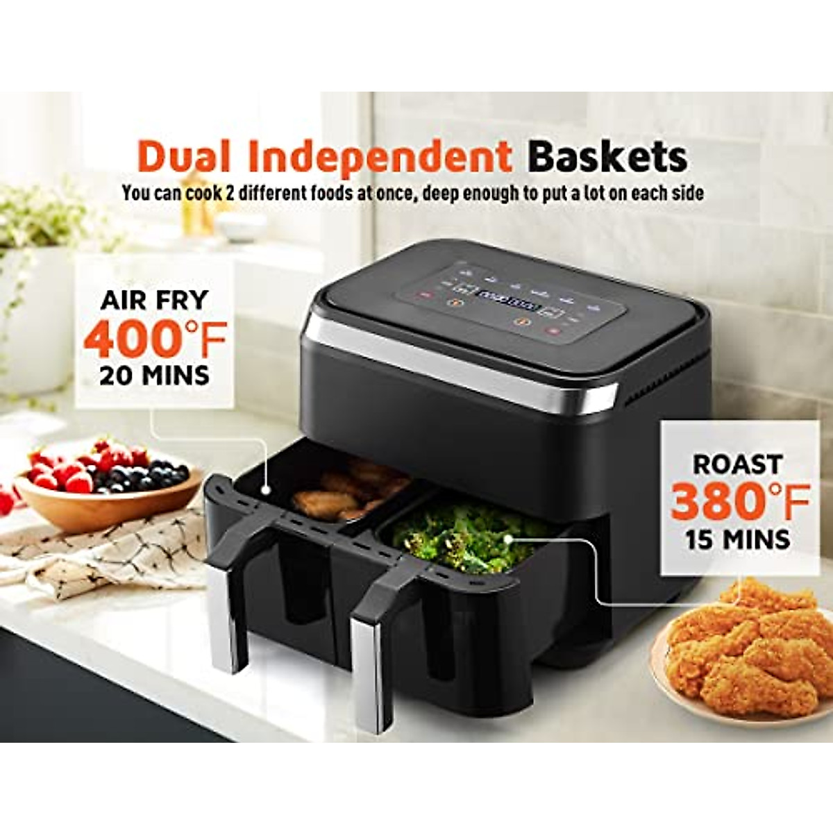 DyBaxa 10Qt 6-in-1 Dual Basket Air Fryer, 2 Independent Air Fry Baskets, ClearCook Windows, Easy-to-Control Panel, Roast Broil Dehydrate&More for Quick & Easy Meals, Nonstick & Dishwasher-Safe Basket