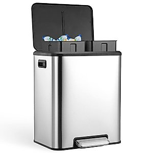 GlowSol Dual Trash Can for Recycling and Trash, 30 Liter 8 Gallon Stainless Steel Kitchen Trash Can with Lid and Foot Pedal, Double Compartment Garbage Can, Trash Can with Recycling Bin