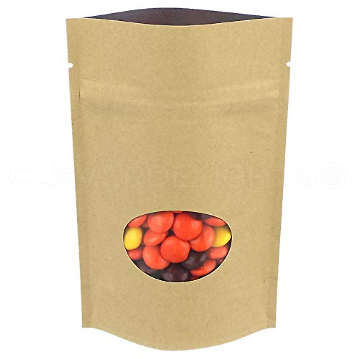 CleverDelights Kraft Window Stand Up Pouches - 2oz - 100 Pack - 4" x 6" x 2" - Resealable Bag