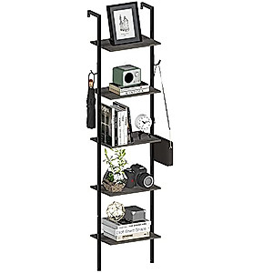 Tohomeor Retro Bookshelf Wall Mounted 5-Tiers Ladder Shelf Dark Grey Narrow Thin Bookshelf Farm House Open Display Storage Rack for Living Room Bedroom Home Office