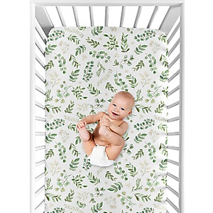 Sweet Jojo Designs Leaf Boy Girl Jersey Stretch Knit Baby Fitted Crib Sheet for Soft Toddler Bed Nursery - Green White Boho Watercolor Botanical Floral Flower Woodland Tropical Garden
