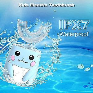 Kids Electric Toothbrush, U Shaped Ultrasonic Automatic Tooth Brush,Toothbrush with 2 Brush Heads,Six Cleaning Modes,IPX7 Waterproof,Cartoon Modeling Design for Toddler Children, Age 2-7 Blue¡­