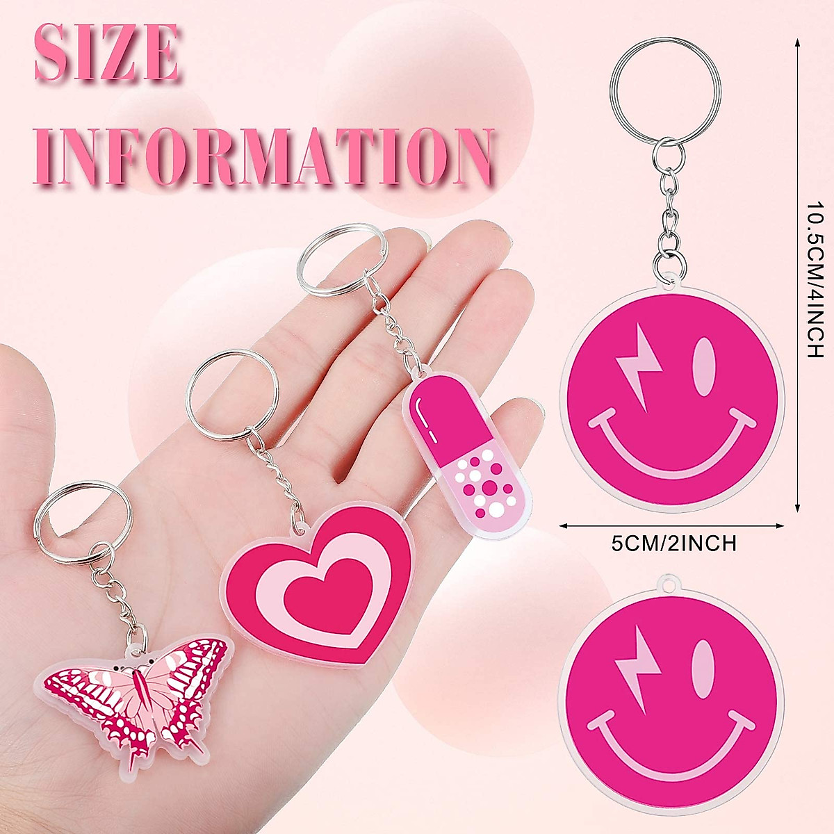 12 Pcs Preppy Smile Key Chain Acrylic Smile Face Keychain Happy Face Aesthetic Preppy Keychain for Backpack Cute Women's Keyrings and Keychains for Girls Purse Pink Accessories Charm, 12 Designs