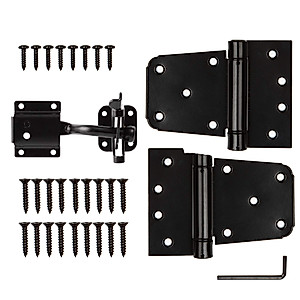 HILLMASTER Heavy Duty Gate Latch Kit for Wooden Vinyl Fence, 1 Pack Self-Locking Gate Latch and 2 Pack 3.5” Spring Tee Hinges, Gate Fence Hardware Set, Black Finish