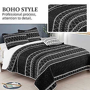 Black Quilt Set King, Black Striped Triangle Pattern Printed Bedspread Coverlet, 3 Pieces (1 Quilt + 2 Pillowcases), Soft Microfiber Bohemian Bedding Quilt Coverlet for Summer 90"x103"