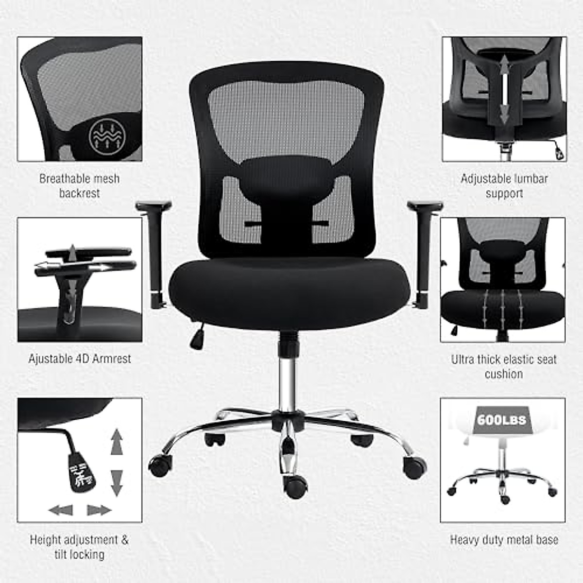 Big and Tall Office Chair 600lbs, Ergonomic Computer Desk Chair for Heavy People with 4D Adjustable Armrest and Lumbar Support, Heavy Duty Metal Base Mesh Chair with Wide Seat for Home Office
