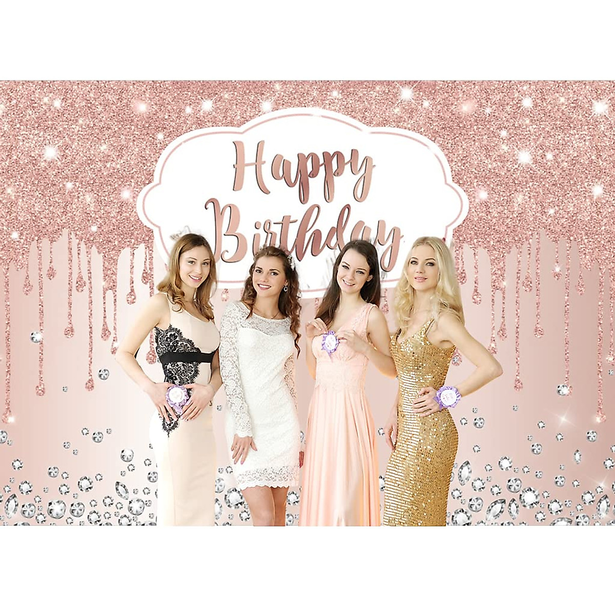ASOONYUM 7x5ft Pink Gold Happy Birthday Backdrop Rose Golden Sparkling Diamond Background for Photography Girls Women Sweet 16th 18th 21th 40th 50th Birthday Party Decorations Cake Table Banner