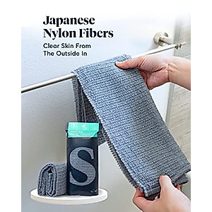 SUTERA - Exfoliating Shower Towel, Premium Japanese Scrub Wash Cloth, Deep Cleanse for Body Face, Microabrasion Duo Fibers Durable Quick Drying, Asian Spa Skin Care Bath Washclose, Extra Long Design