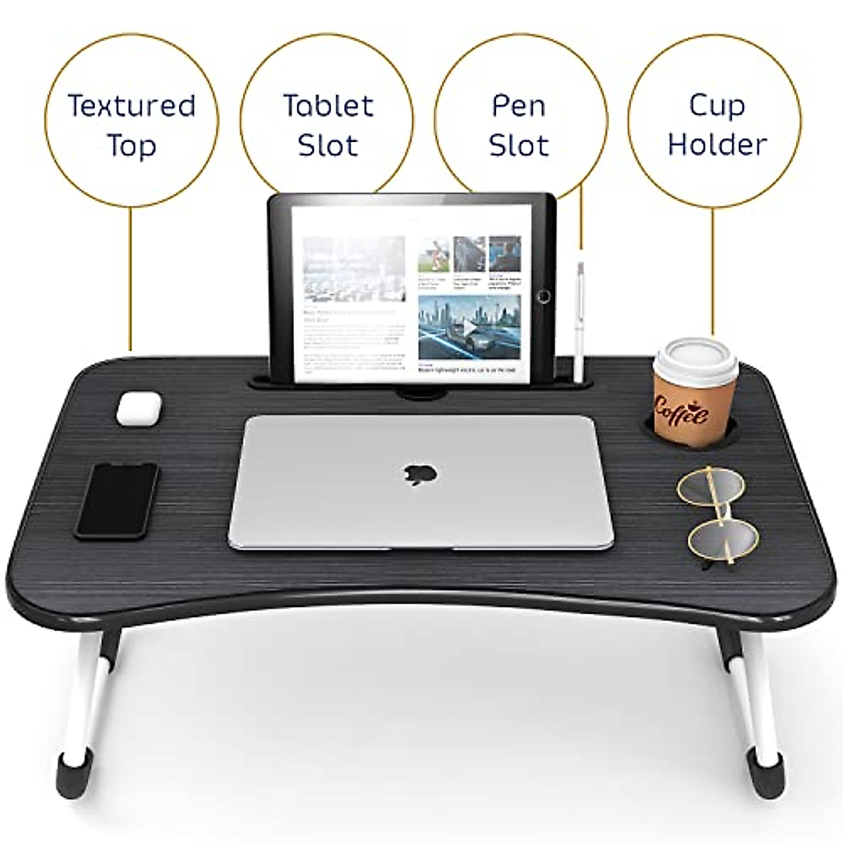 Nestl Lap Desk for Laptop - Foldable Laptop Desk for Bed and Couch, Portable and Lightweight Laptop Stand for Bed Breakfast, Working, Reading, and Writing, Black Lap Table, Large Laptop Tray