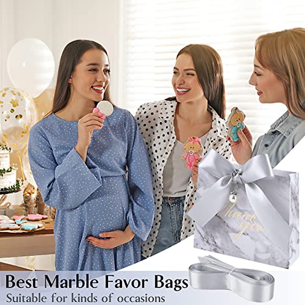 Jutieuo 50 Pack Marble Thank You Gift Bags, Small Gift boxes Bulk Party Favor Treat Bags with Silver Bow Ribbons and Pearl Pendants for Wedding Baby Shower Birthday Party Supplies