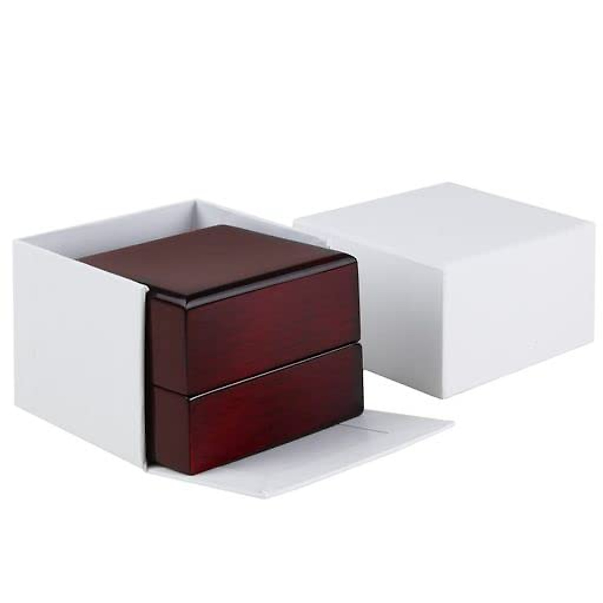 Allure - Luxury Ring Box With LED Light, Authentic Mahogany Wood With White Leatherette Insert, Square Elegant Diamond Ring Case, For Unique Proposal Or Wedding, Small Jewelry Display Gift Box.