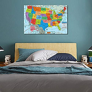 General America Map Wall Art Painting Detailed USA Map Pictures Print On Canvas Art The Picture for Home Modern Decoration Single Panel Modern Wall Decor Stretched and Framed Ready to Hang(12"Wx18"H)