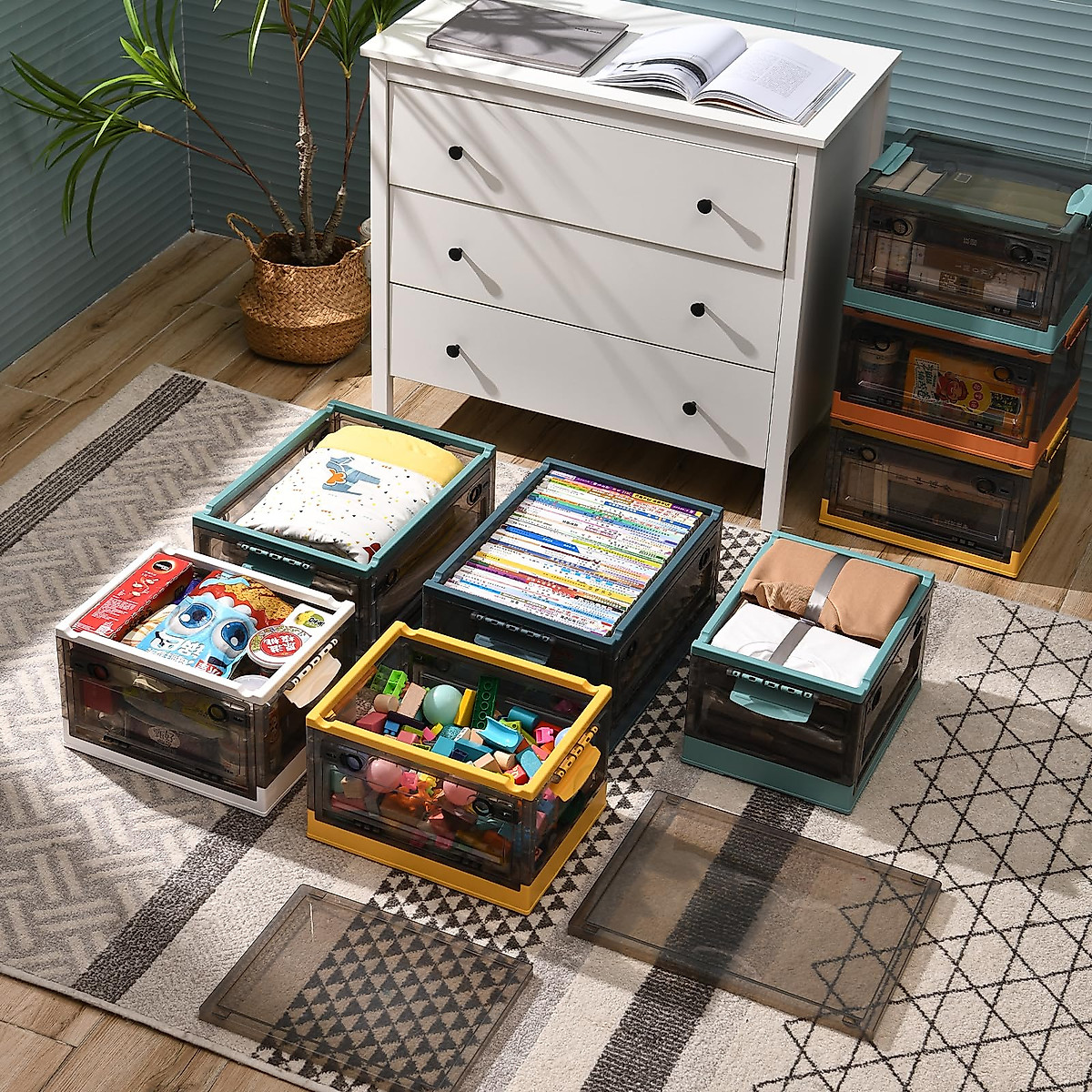 WMM Storage Bins with Lids 12Gal, Stackable Medium Storage Box, Dual Door Closet Storage Box, Foldable Storage Box for Homes and Dormitories(1Pack Blue)