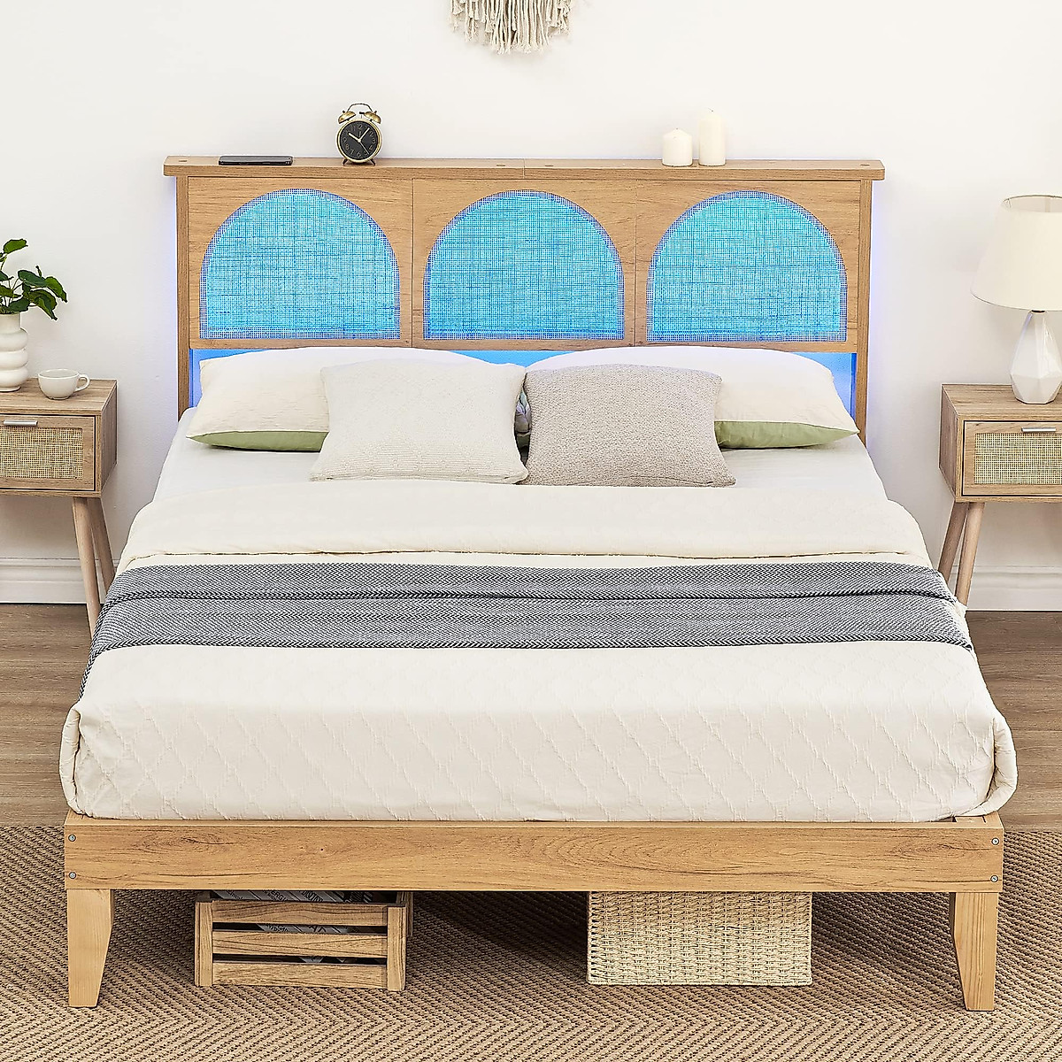 GAOMON Queen Bed Frame with Natural Rattan Headboard, Queen Size Platform Bed Frame with LED Lights and Rattan Headboard, Wooden Support Legs, No Box Spring Needed, Easy Assembly