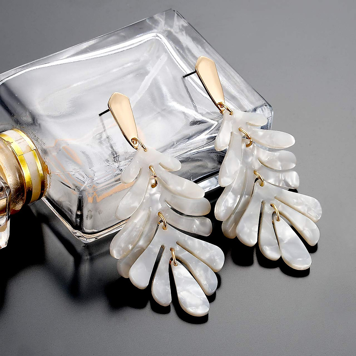 GLBCC Acrylic Leaf Dangle Earrings, White, Brass