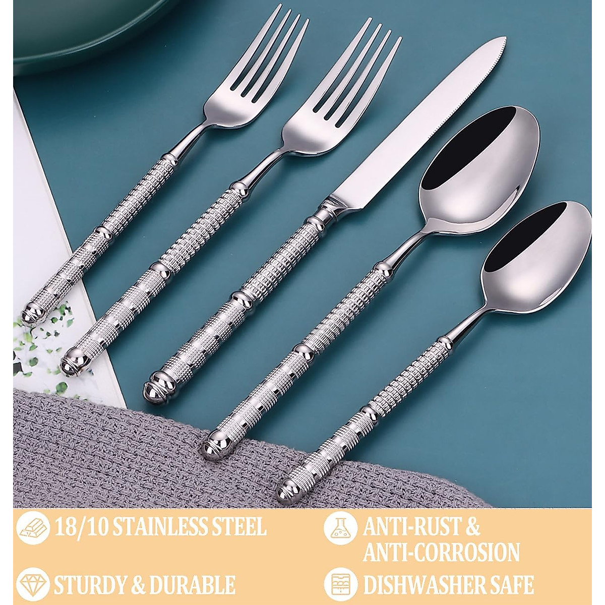 Thomaso 60-piece Hammered Silverware Set,18/10 Stainless Steel Flatware Service for 12, Silver Spoons and Forks Set,Unique Round Handle Cutlery Set, Wedding Housewarming Gift, Dishwasher Safe