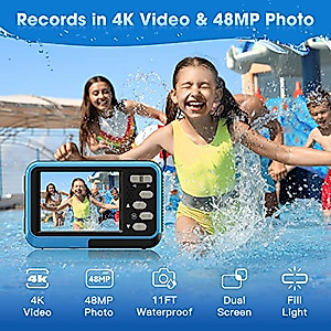 4K Waterproof Camera Underwater Camera 64GB Card Included in the Adapter Dual Screens Selfie 48MP 16X Digital Zoom Digital Camera Fill Light 11FT Underwater Camera for Snorkeling Kids with 2 Batteries