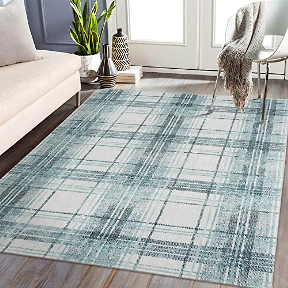 DECOMALL NELE Washable Area Rugs, Modern Lattice Non-Slip Carpet for Bedroom Living Room Sofa Dining Room, Blue 5’x7’