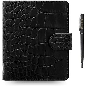 Filofax Classic Croc Print Leather Organizer Agenda Weekly Daily Planner Diary Calendar Bundle with DiLoro Pen (Pocket Paper Size 4.72" x 3.18", Ebony 2023-2024)