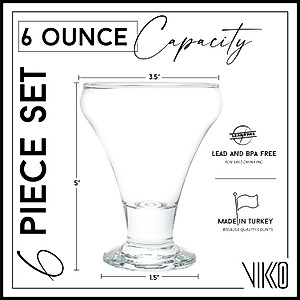 Vikko Cocktail Glasses Set of 6, Crystal Clear 6 Ounce Stemless Martini Glasses, Elegant Glasses for Martini, Vodka, Cocktail