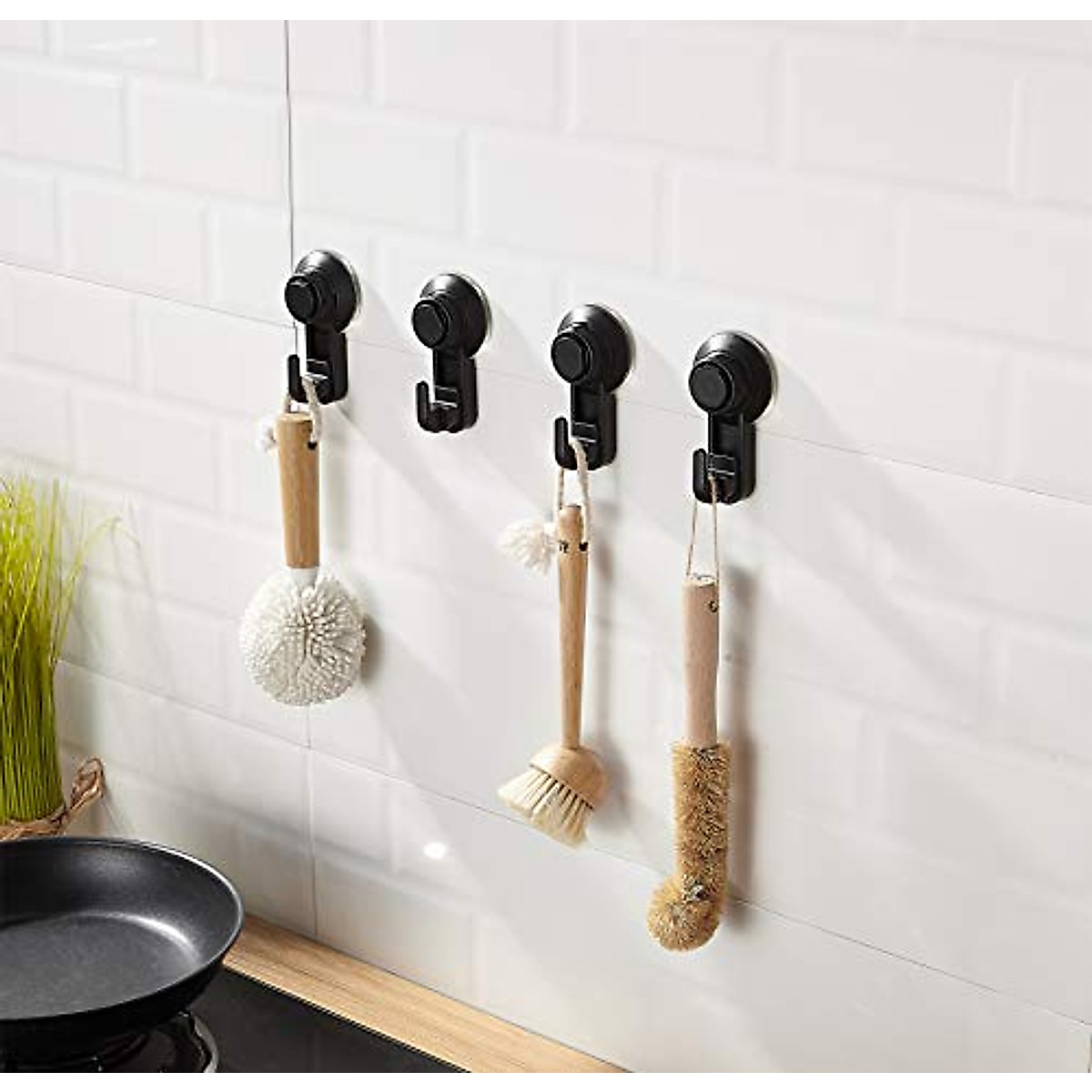 Bestomo Suction Cup Hooks, Heavy Duty Suction Cup Hooks Waterproof and Oilproof, Bathroom Kitchen Wall Hooks Hanger for Towel Loofah, Reusable Shower Suction Hooks - 2 Packs（Black） (Black, Small)