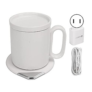 Coffee Warmer, Desk Self Heated Cup & Lid Set with Wireless Charging, Smart Recognition, for Keep Tea Coffee Milk Hot, Auto Shut Off, Waterproof Panel, for Office Home Desk(White)