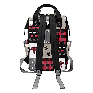 Plaid Bears Mountains Black Personalized Diaper Backpack with Name,Custom Travel DayPack for Nappy Mommy Nursing Baby Bag One Size