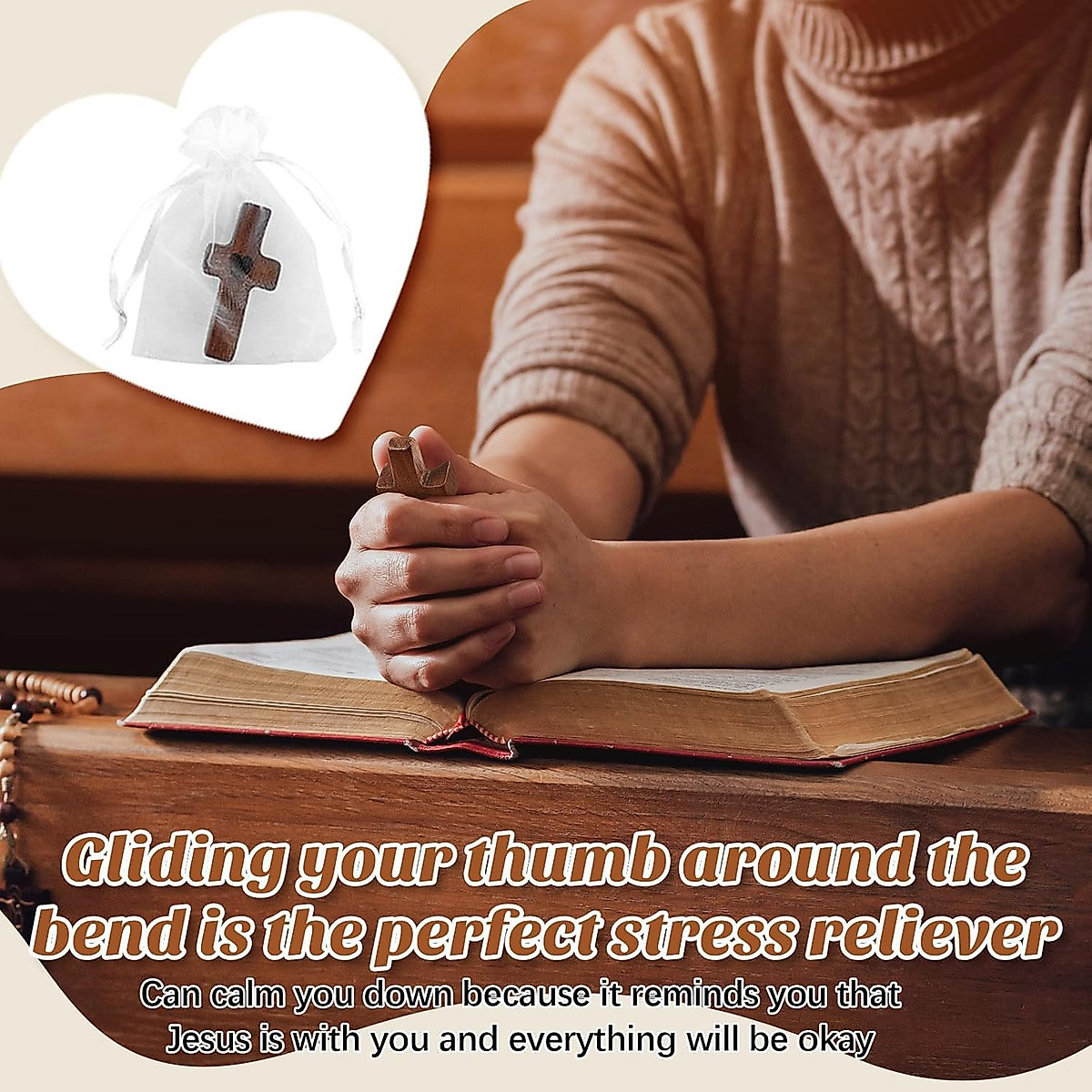 Handmade 3Pcs Pocket Cross My Heart with Organza Bags - Stress Relief Fidget Toy for Christian, Pocket Prayer Cross, Religious Easter Day Gift Set