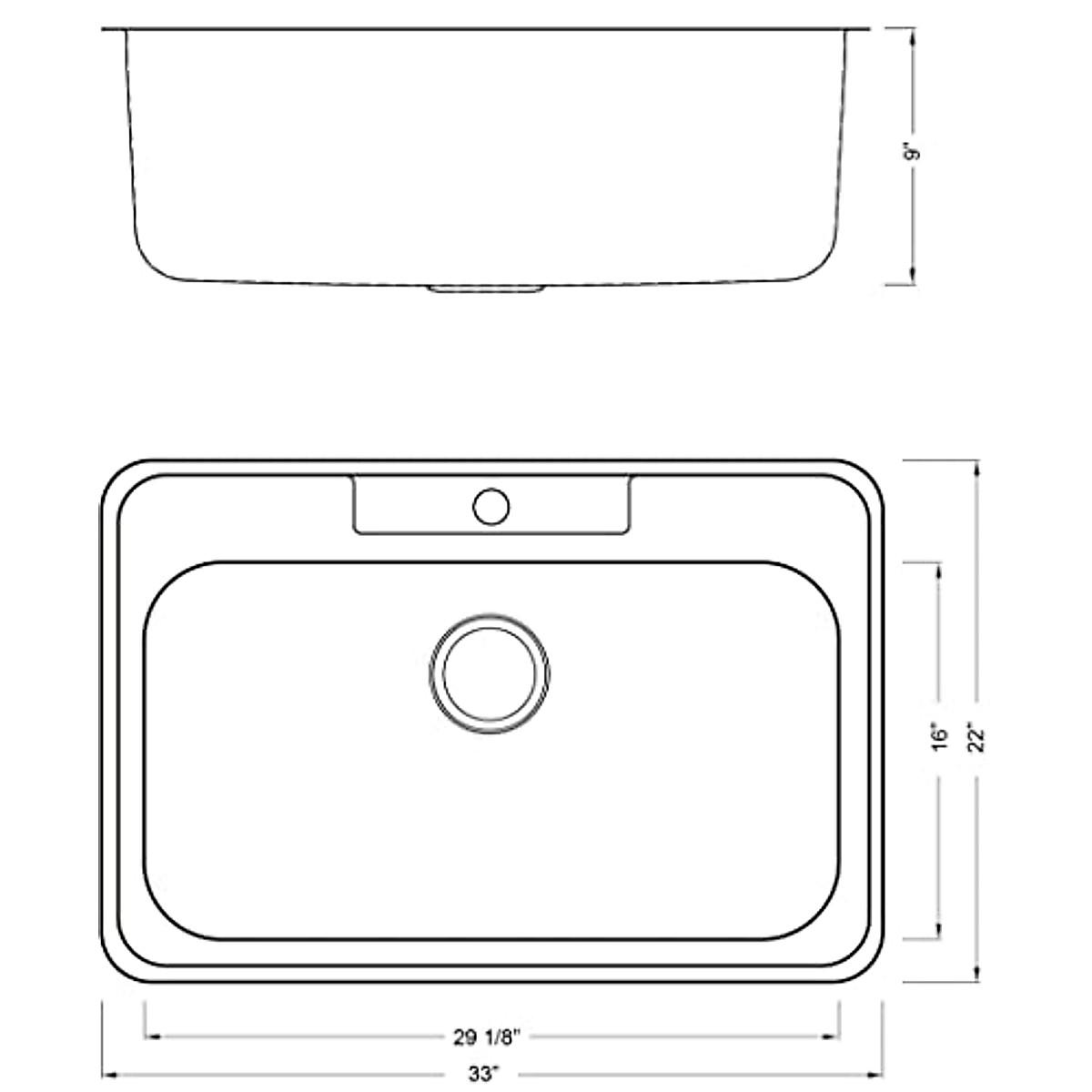 CozyBlock 33 x 22 x 9 Inch Top-mount/Drop-in Stainless Steel Single Bowl Kitchen Sink with Strainer - 18 Gauge Stainless Steel-1 Faucet Hole