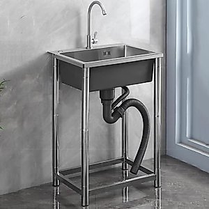 DOUKI Outdoor Stainless Steel Sink, Free Standing Small Sink, Kitchen Sink Single Bowl Prep & Utility Sink, Portable Garden Sink W/Hot and Cold Faucet (Size : 18 x16 inch (45x40 cm))
