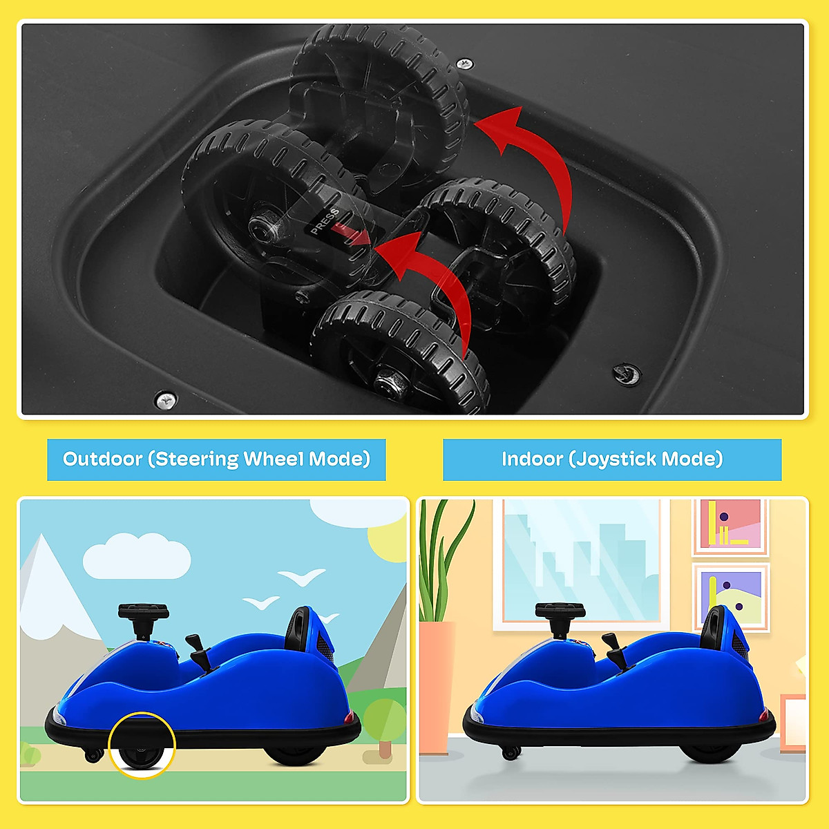 Kidzone 12V 2 Driving Mode (Steering Wheel/Joystick) Ride On Bumper Car for Kids & Toddlers 1.5-6 Year Old DIY Sticker Baby Bumping Toy Gifts W/Remote Control LED Lights, 360 Degree Spin