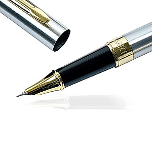 Dryden Designs Fine Nib Fountain Pen - Includes 24 Ink Cartridges - 12 Black and 12 Blue - Silver - Smooth Elegant Writing with Fine Nib and Ink Converters