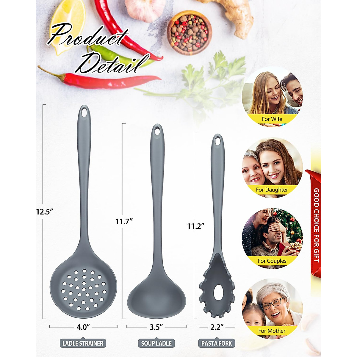 3 Pcs Silicone Kitchen Utensils Set, Soup Ladle-Pasta Fork-Slottede Spoon, Nonstick BPA Free High Heat Resistant Cooking Utensils for Mixing, Serving, Draining, Turning, Stirring